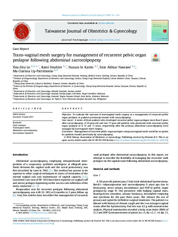 Pdf Trans Vaginal Mesh Surgery For Management Of Recurrent Pelvic
