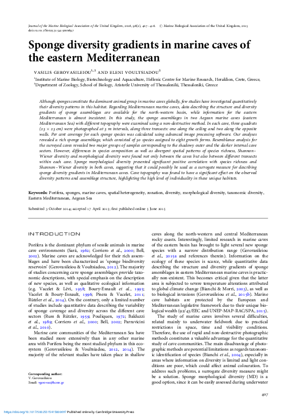 (PDF) Sponge diversity gradients in marine caves of the eastern ...