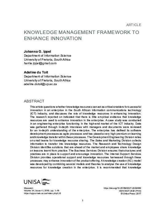 (PDF) Knowledge Management Framework to Enhance Innovation