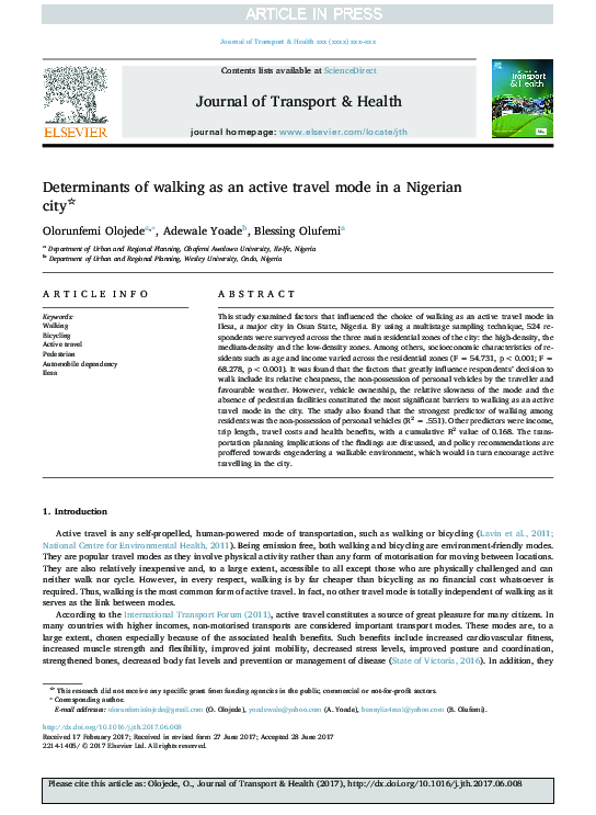 (PDF) Determinants of walking as an active travel mode in a Nigerian city