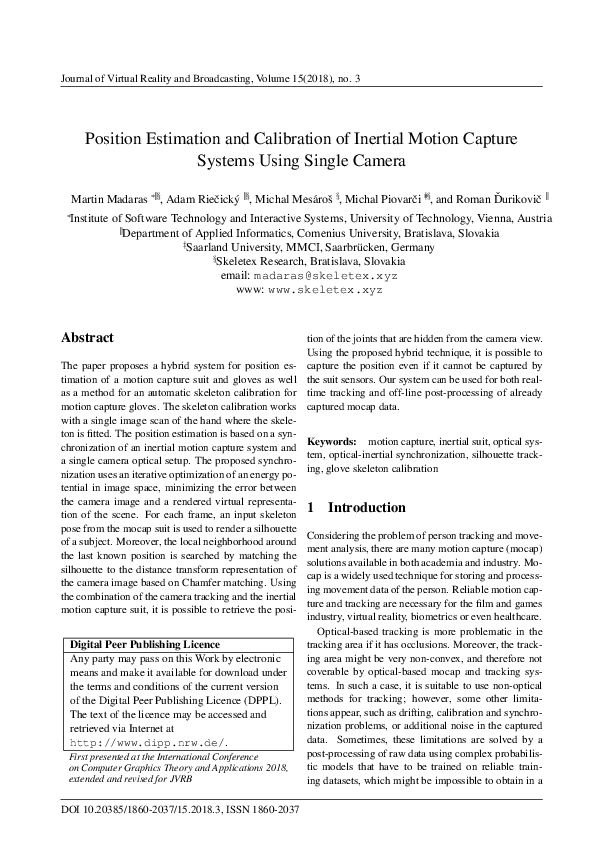 (PDF) Position Estimation and Calibration of Inertial Motion Capture Systems Using Single Camera