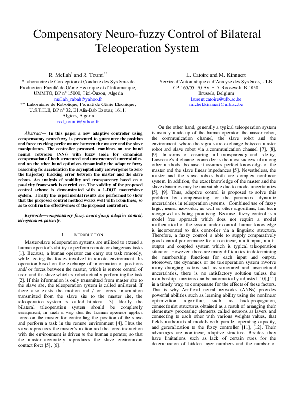 (PDF) Compensatory neuro-fuzzy control of bilateral teleoperation system | RABAH MELLAH ...
