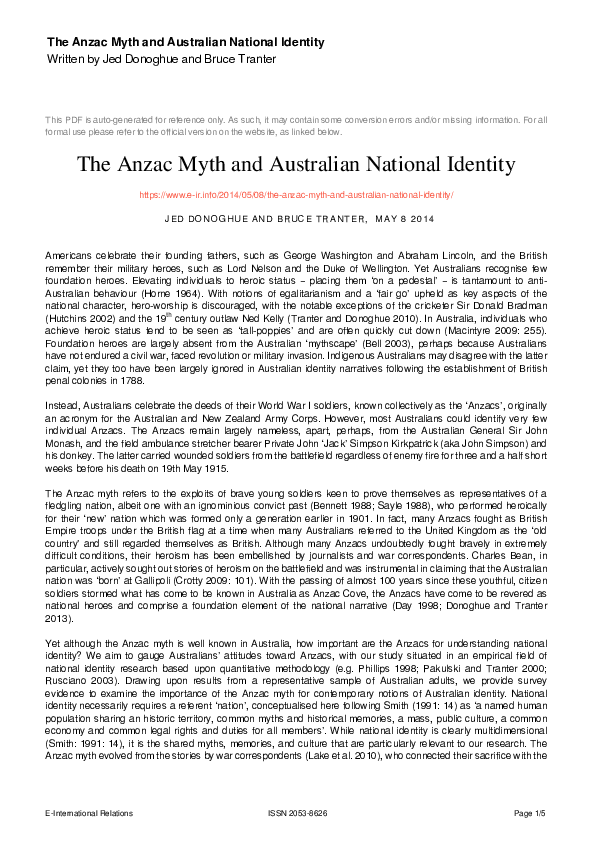 (PDF) The Anzac Myth and Australian National Identity