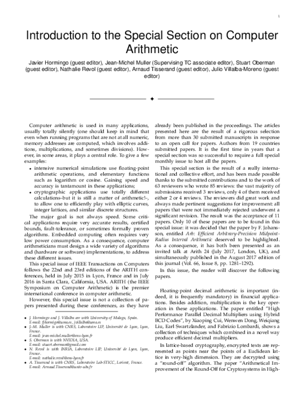 (PDF) Introduction to the Special Issue on Computer Arithmetic