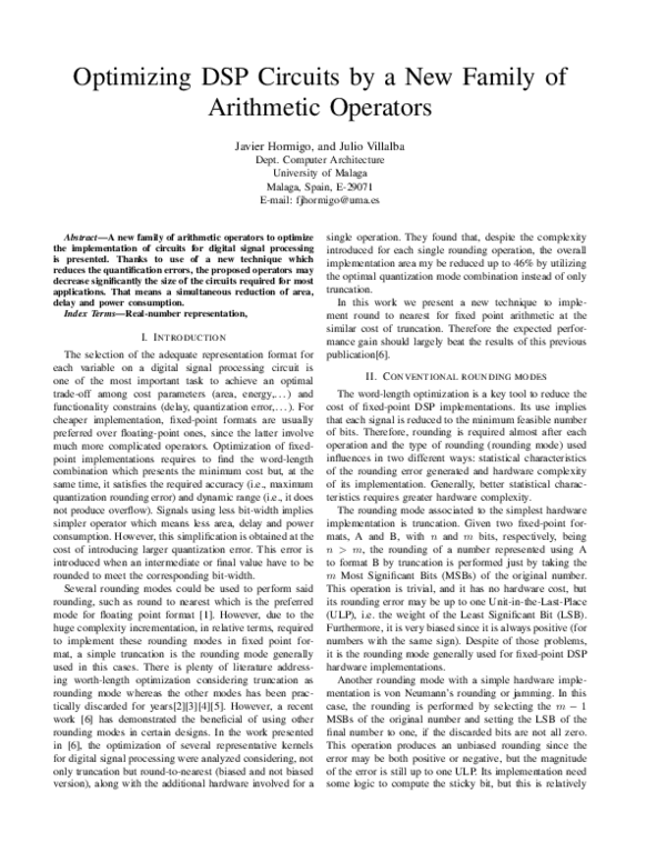 (PDF) Optimizing DSP circuits by a new family of arithmetic operators