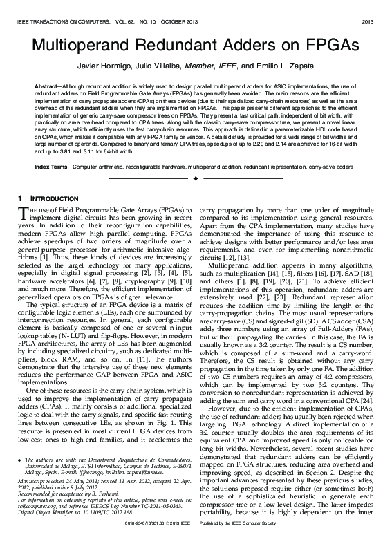 (PDF) Multioperand Redundant Adders on FPGAs