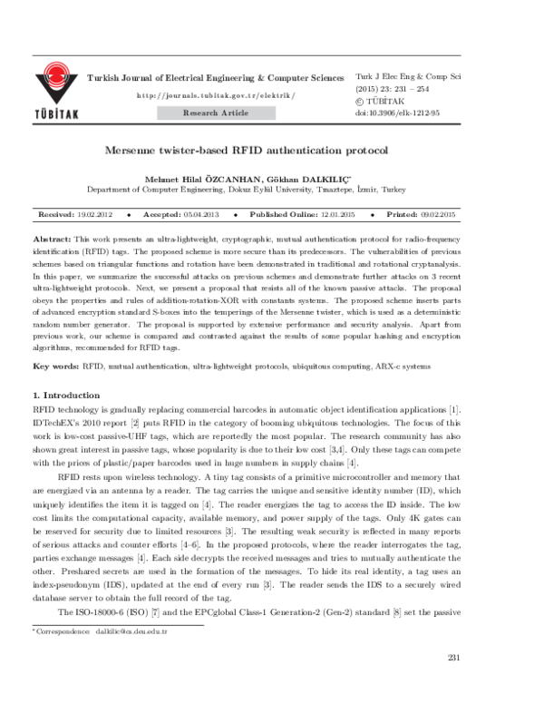 Pdf Mersenne Twister Based Rfid Authentication Protocol