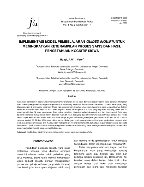 (PDF) Implementasi Model Pembelajaran Guided Inquiri Untuk Meningkatkan Keterampilan Proses ...