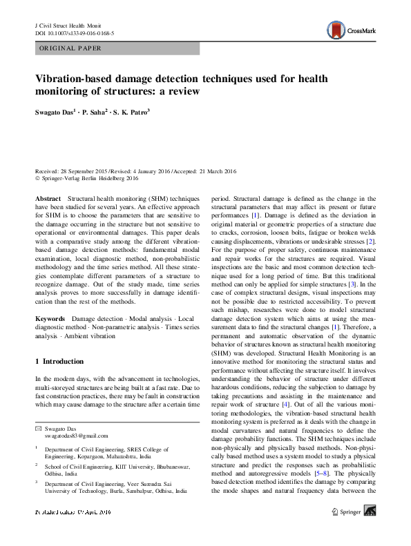 (PDF) Vibration-based damage detection techniques used for health monitoring of structures: a review
