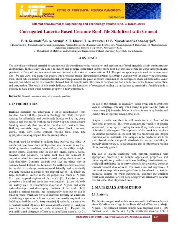 (PDF) Corrugated Laterite Based Ceramic Roof Tile Stabilized with Cement