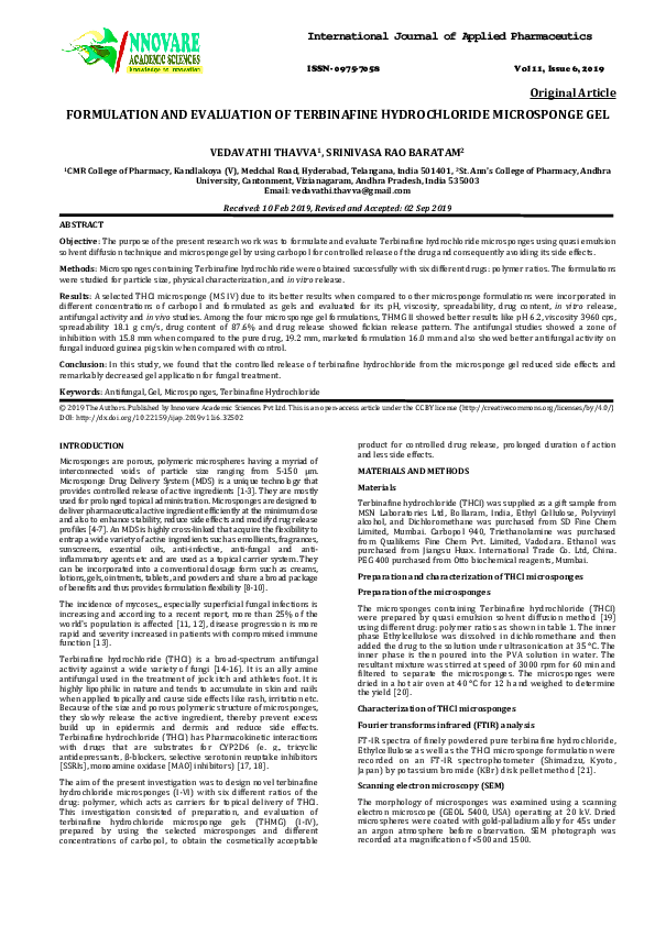 (PDF) Formulation and Evaluation of Terbinafine Hydrochloride Emulgel for Topical Drug Delivery