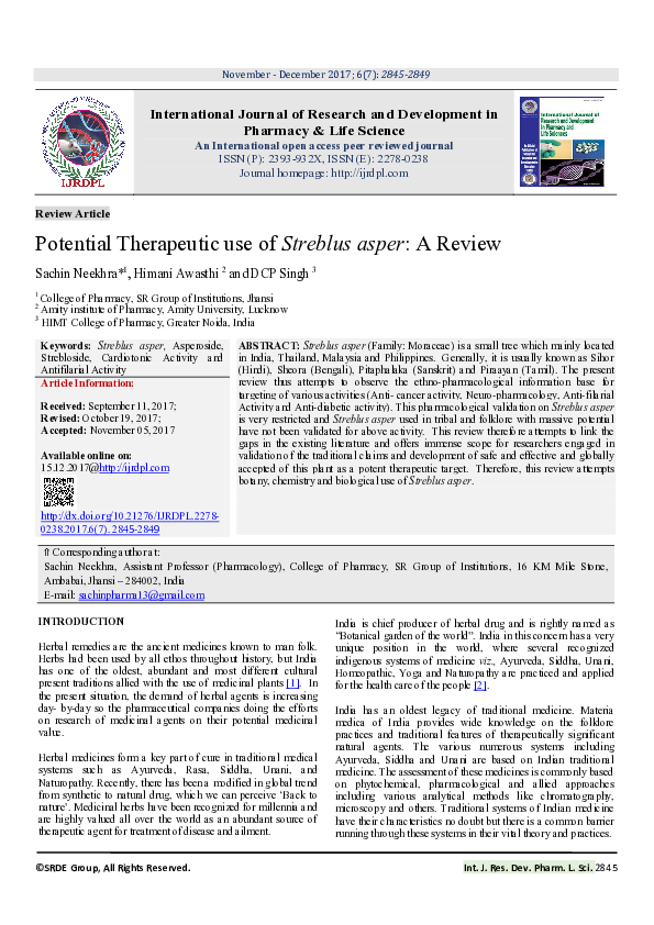 (PDF) Potential Therapeutic use of Streblus asper: A Review