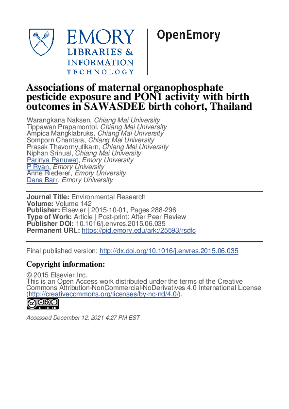 Pdf Associations Of Maternal Organophosphate Pesticide Exposure And