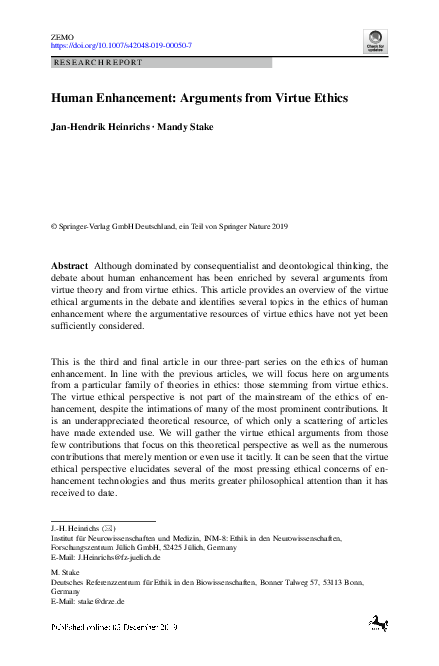 (PDF) Human Enhancement: Arguments from Virtue Ethics