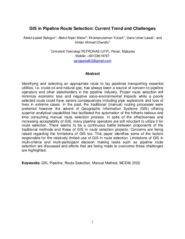 (PDF) 1 GIS in Pipeline Route Selection: Current Trend and Challenges