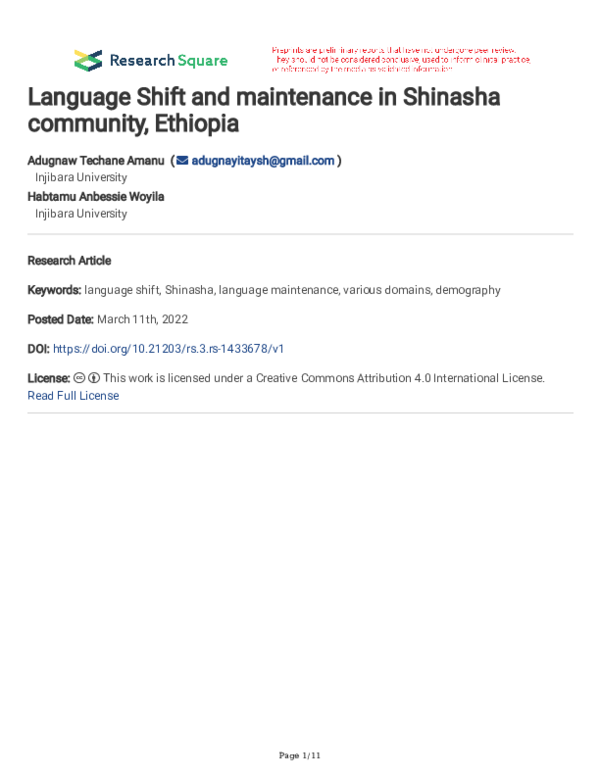 (PDF) Language Shift and maintenance in Shinasha community, Ethiopia