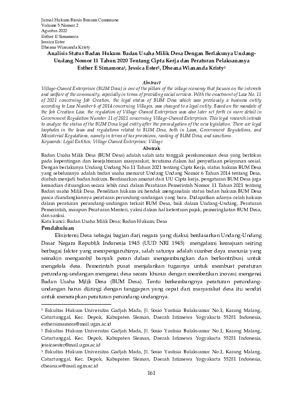 (PDF) Analisis Status Badan Hukum Badan Usaha Milik Desa Dengan Berlakunya Undang-Undang Nomor ...