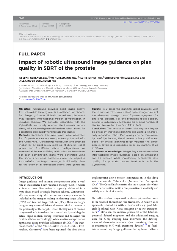 (PDF) Impact of robotic ultrasound image guidance on plan quality in SBRT of the prostate
