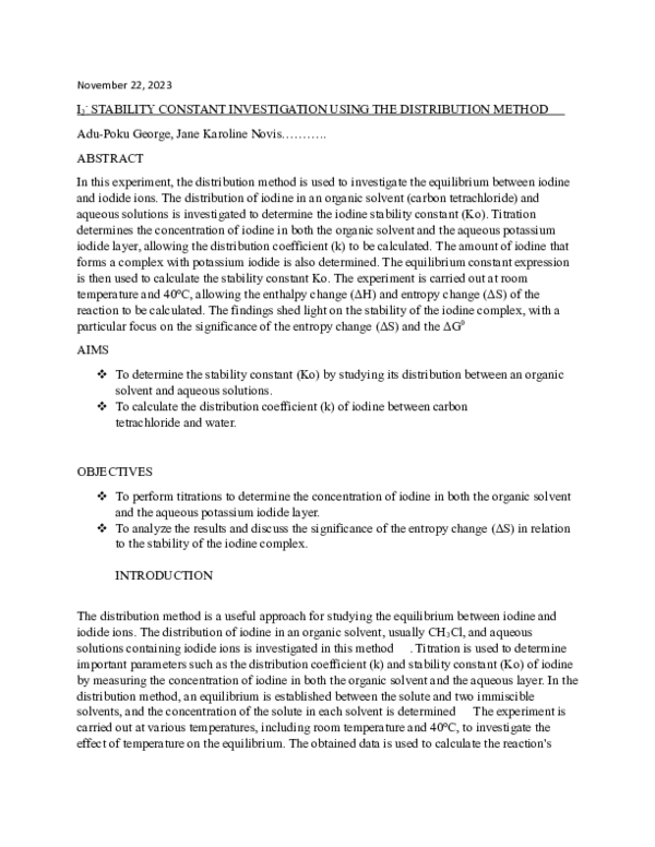 (DOC) I3- STABILITY CONSTANT INVESTIGATION USING THE DISTRIBUTION METHOD