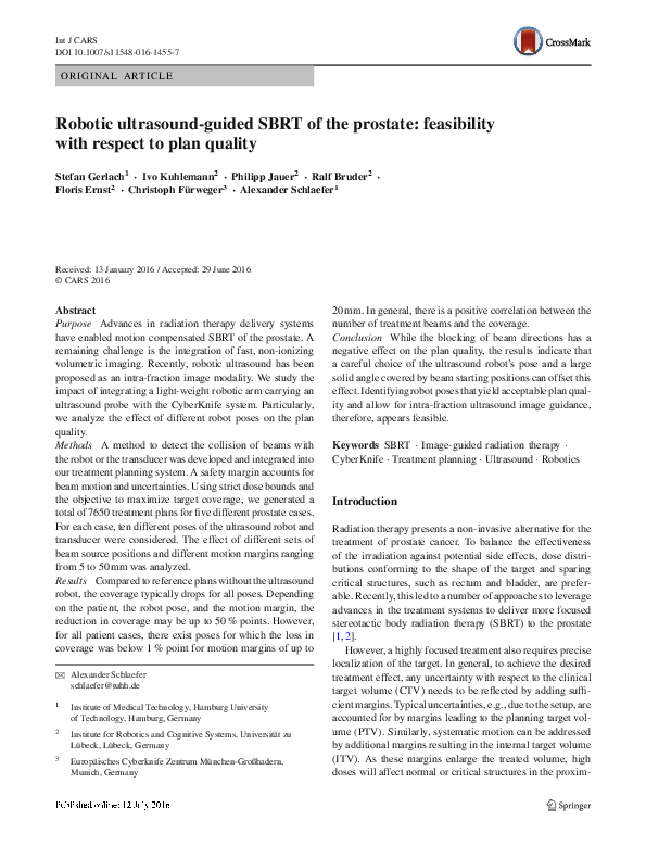 (PDF) Robotic ultrasound-guided SBRT of the prostate: feasibility with respect to plan quality