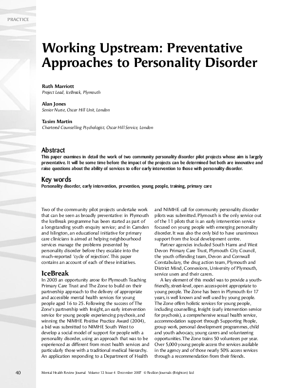(PDF) Working Upstream: Preventative Approaches to Personality Disorder