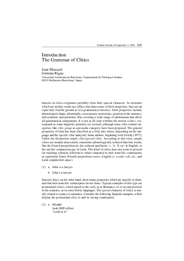 (PDF) Introduction The Grammar of Clitics