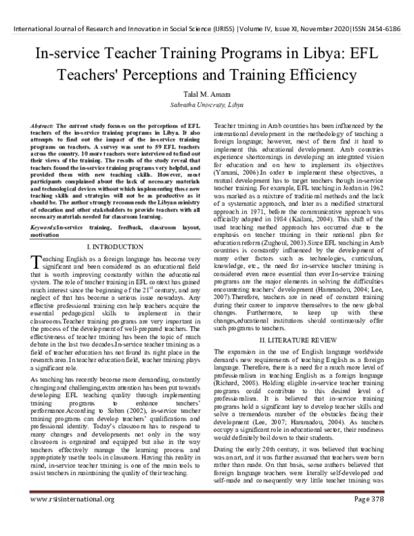 (PDF) In-service Teacher Training Programs in Libya: EFL Teachers' Perceptions and Training ...