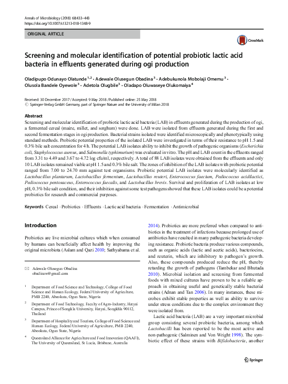 (PDF) Screening and molecular identification of potential probiotic lactic acid bacteria in ...