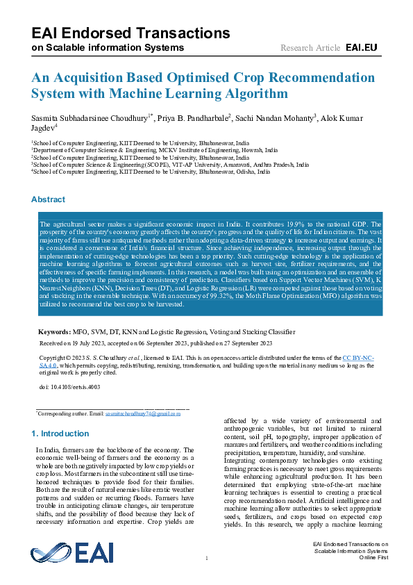 Pdf An Acquisition Based Optimised Crop Recommendation System With Machine Learning Algorithm