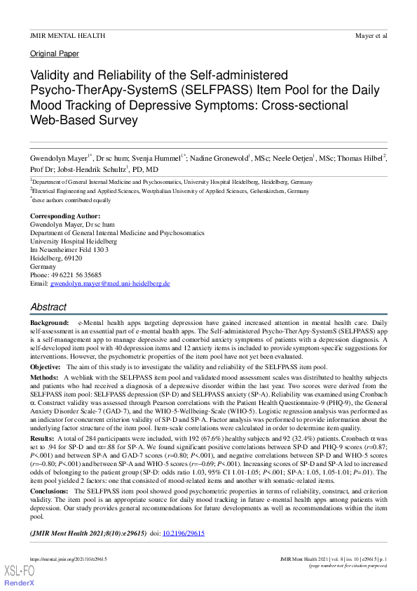 (PDF) Validity and Reliability of the Self-administered Psycho-TherApy-SystemS (SELFPASS) Item ...