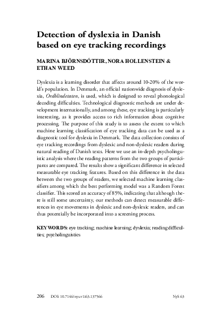 (PDF) Detection of dyslexia in Danish based on eye tracking recordings