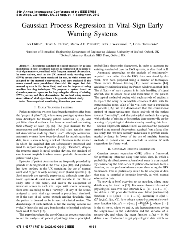 (PDF) Gaussian process regression in vital-sign early warning systems