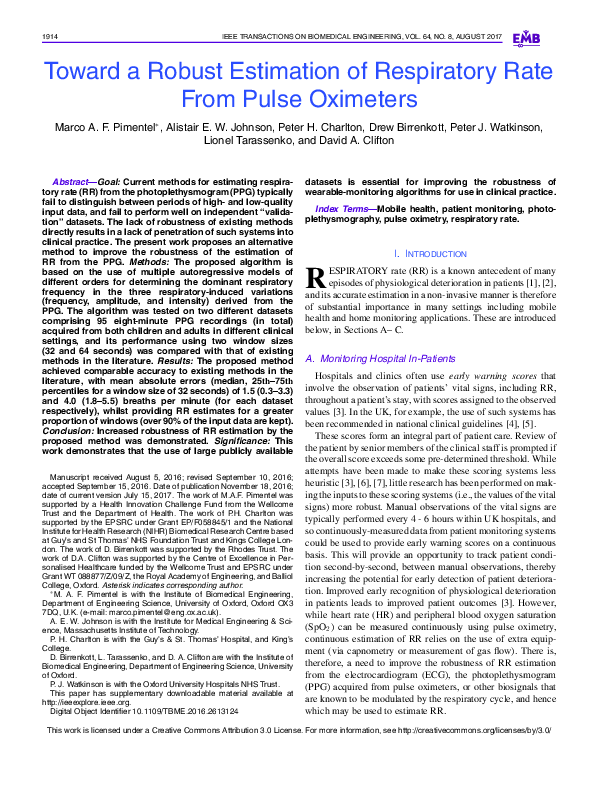 (PDF) Toward a Robust Estimation of Respiratory Rate From Pulse Oximeters