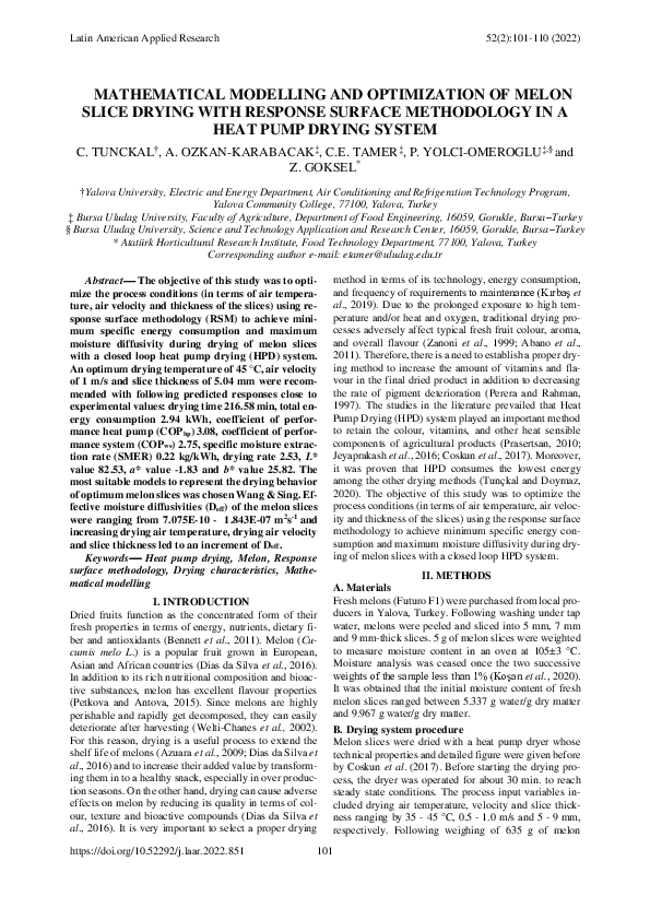 Pdf Mathematical Modelling And Optimization Of Melon Slice Drying With Response Surface