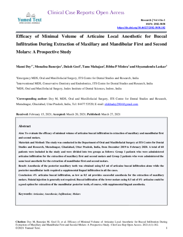 (PDF) Efficacy of Minimal Volume of Articaine Local Anesthetic for ...