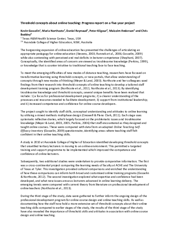 (PDF) Threshold Concepts About Online Teaching: Progress Report on a Five Year Project