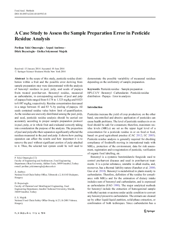 (PDF) A Case Study to Assess the Sample Preparation Error in Pesticide Residue Analysis