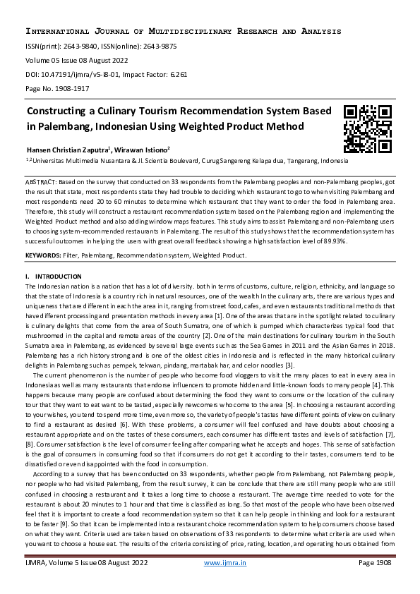 Pdf Constructing A Culinary Tourism Recommendation System Based In Palembang Indonesian Using
