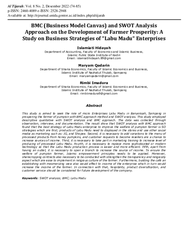 (PDF) BMC (Business Model Canvas) and SWOT Analysis Approach on the ...