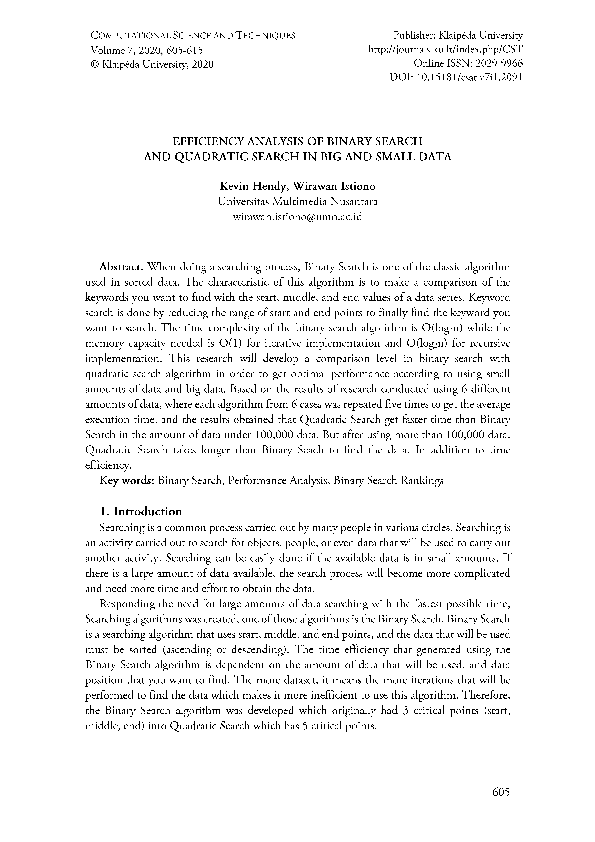 Pdf Efficiency Analysis Of Binary Search And Quadratic Search In Big