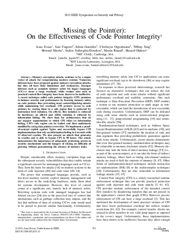 (PDF) Missing the Point(er): On the Effectiveness of Code Pointer Integrity
