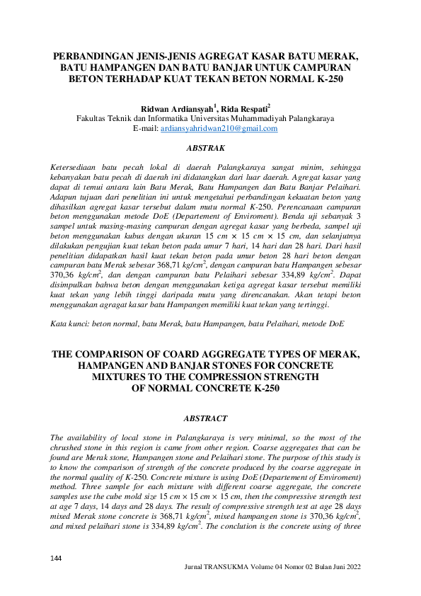 (PDF) Perbandingan Jenis-Jenis Agregat Kasar Batu Merak, Batu Hampangen ...
