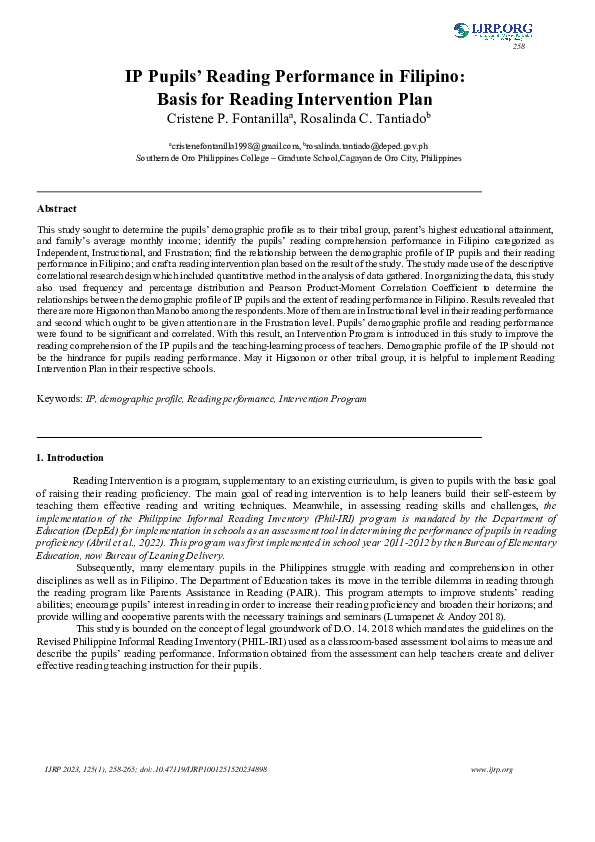 (PDF) IP Pupils’ Reading Performance in Filipino: Basis for Reading ...