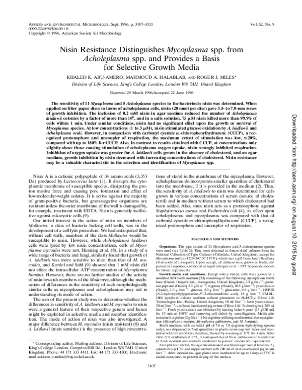 (PDF) Nisin resistance distinguishes Mycoplasma spp. from Acholeplasma spp. and provides a basis ...