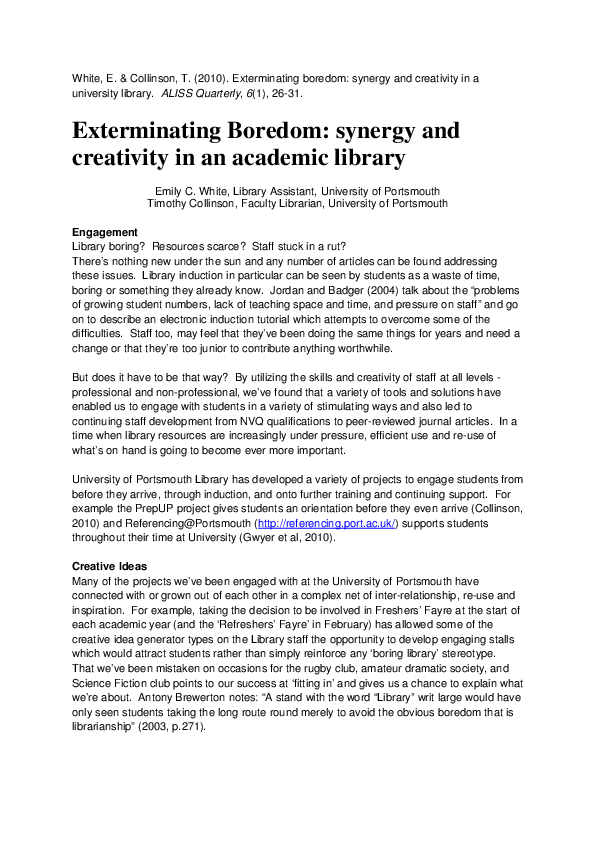 (PDF) Exterminating boredom: synergy and creativity in an academic library