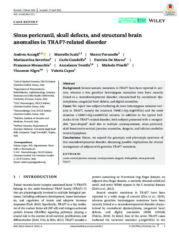 (PDF) Sinus pericranii, skull defects, and structural brain anomalies in TRAF7‐related disorder