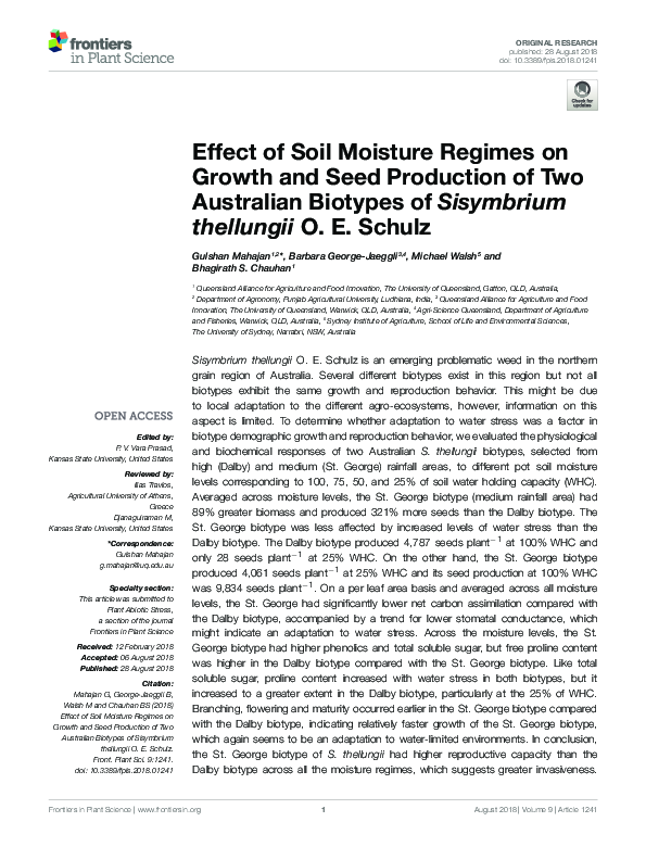 (PDF) Effect of Soil Moisture Regimes on Growth and Seed Production of ...