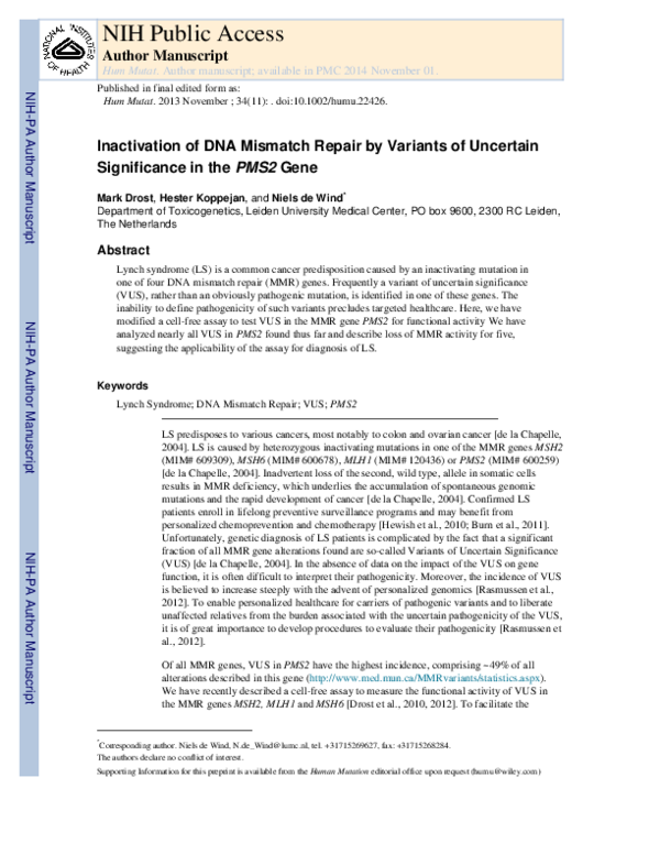 (PDF) Inactivation of DNA Mismatch Repair by Variants of Uncertain Significance in the PMS2 Gene ...