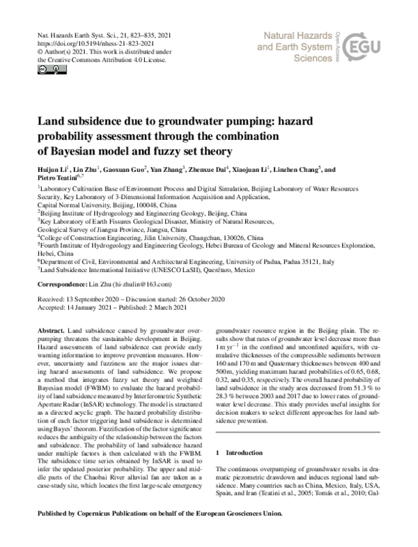 (PDF) Land Subsidence due to groundwater pumping: Hazard Probability Assessment through the ...