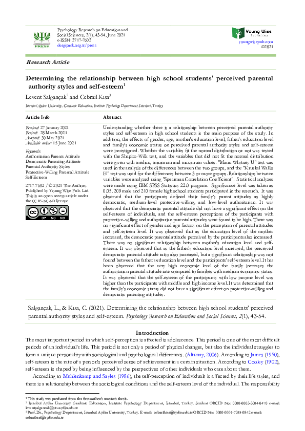 (PDF) Determining the relationship between high school students' perceived parental authority ...